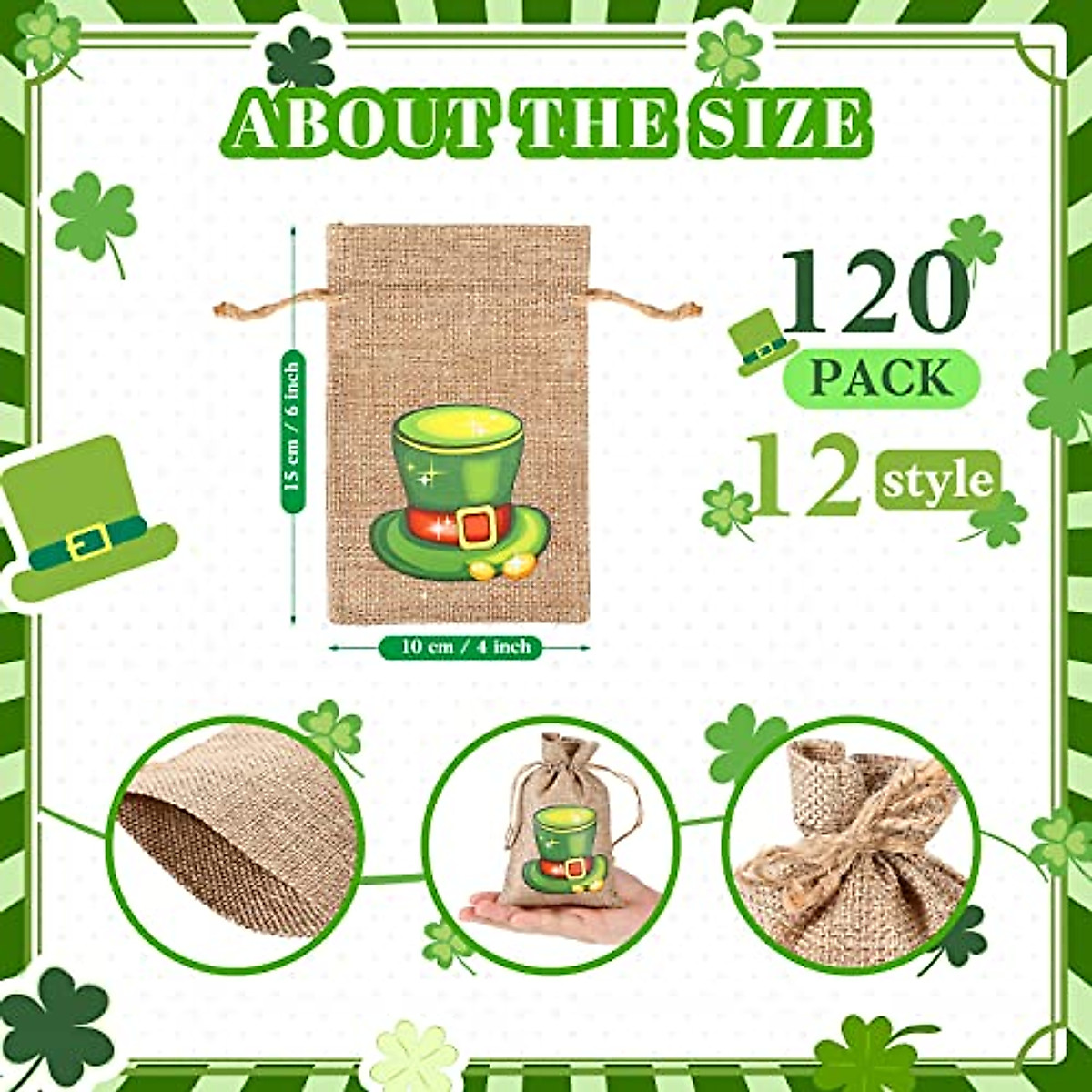 120 Pcs St. Patrick's Day Linen Gift Bag Irish Clover Burlap Bags with Drawstring Small Shamrock Goodie Bag Mini Holiday Treat Sacks Bulk Gifts for Coworkers Candy Party Favor, 12 Designs, 4 x 5.5''