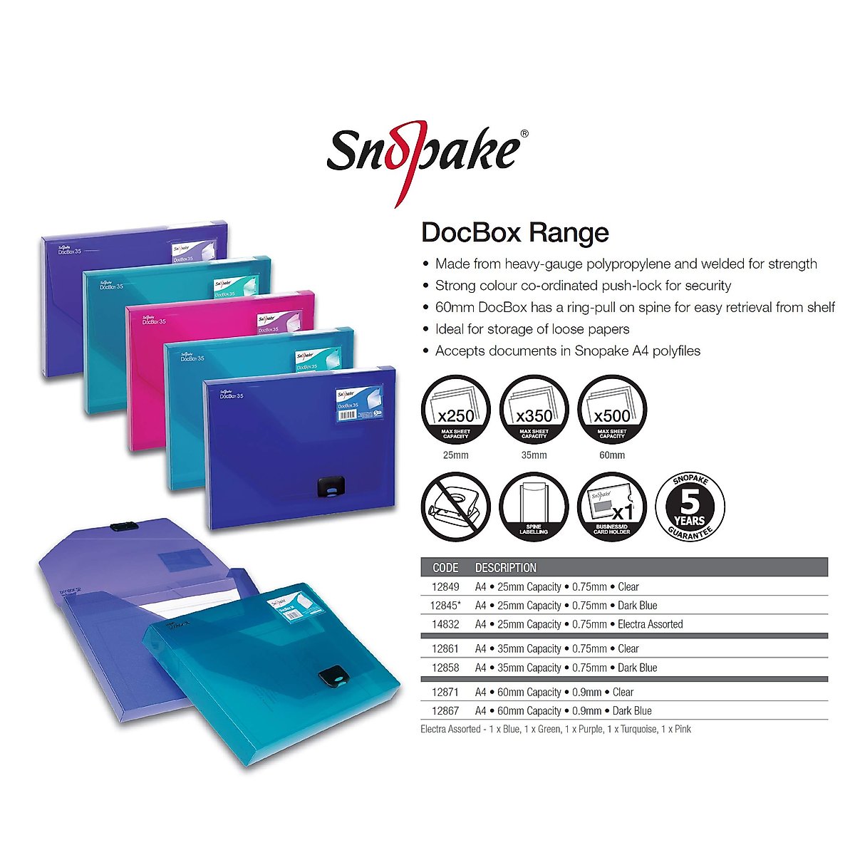 Snopake A4 DocBox Clear 35 mm Box File with Push Lock (Pack of 1) Ref 12861