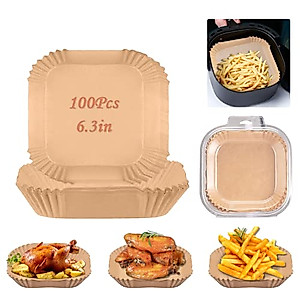 100Pcs Air Fryer Disposable Paper Liners, chfine 6.3 Inch Parchment Paper Liners Square, Non-stick Food Grade Baking Paper Air Fryer Cookers Sheets Liners for Baking Roasting Microwave Pans Oven