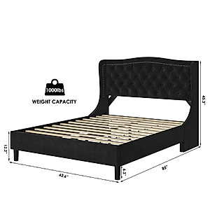 HOSTACK Queen Size Bed Frame, Modern Upholstered Platform Bed with Wingback Headboard, Heavy Duty Button Tufted Bed Frame with Wood Slat Support, Easy Assembly, No Box Spring Needed(Black, Queen)