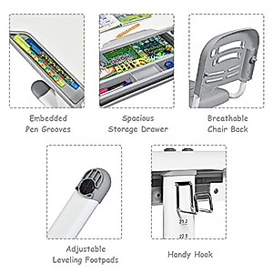 HONEY JOY Kids Desk and Chair Set, Height Adjustable Study Table and Chair, Tilting Desktop with Book Stand and Drawer Storage, Metal Hook for Schoolbag, Ergonomic Design for Boys and Girls
