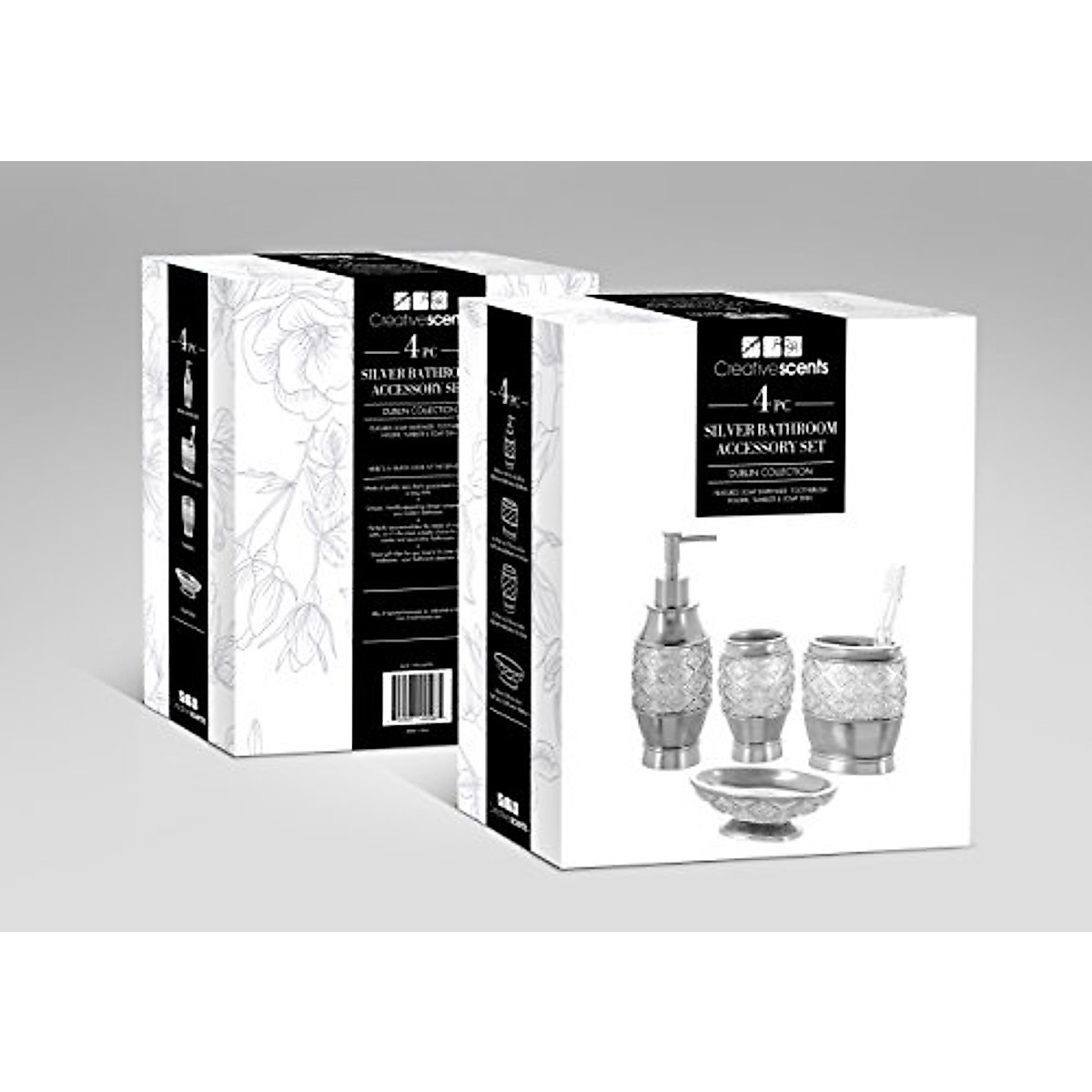 Creative Scents Decorative Bathroom Accessories Set Brushed Silver - 4 Piece Bathroom Set Includes: Soap Dispenser, Toothbrush Holder, Soap Dish and Tumbler, in Beautiful Gift Box (Dublin)