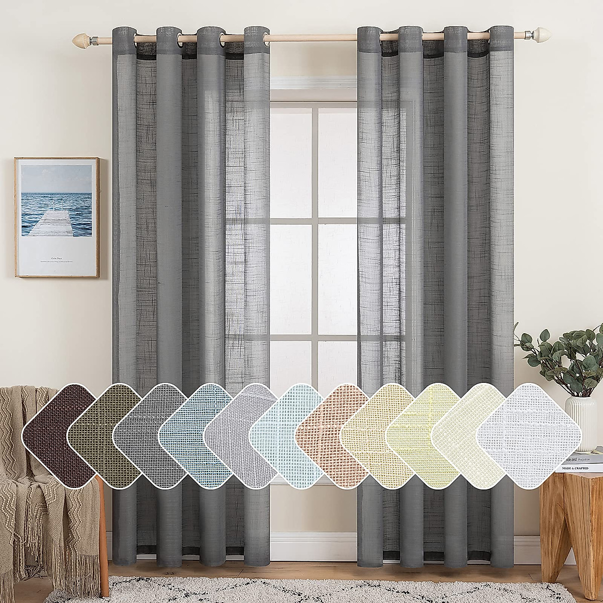 MIULEE 2 Panels Natural Linen Semi Sheer Window Curtains Elegant Solid Dark Grey Drapes Grommet Top Window Voile Panels Linen Textured Panels for Bedroom Living Room (52X96 Inch)