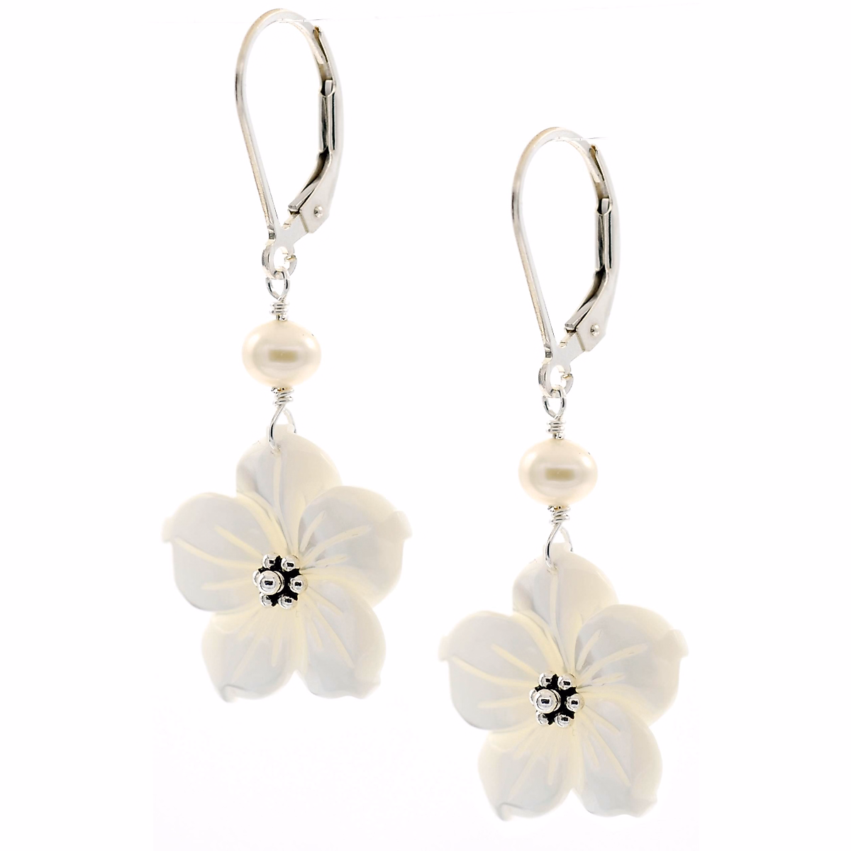 LTC Designs White Shell Flowers and White Freshwater Cultured Pearl Accent Drop Earrings with Sterling Ear Wires 3.5-4 mm for Women, Teens, and Girls