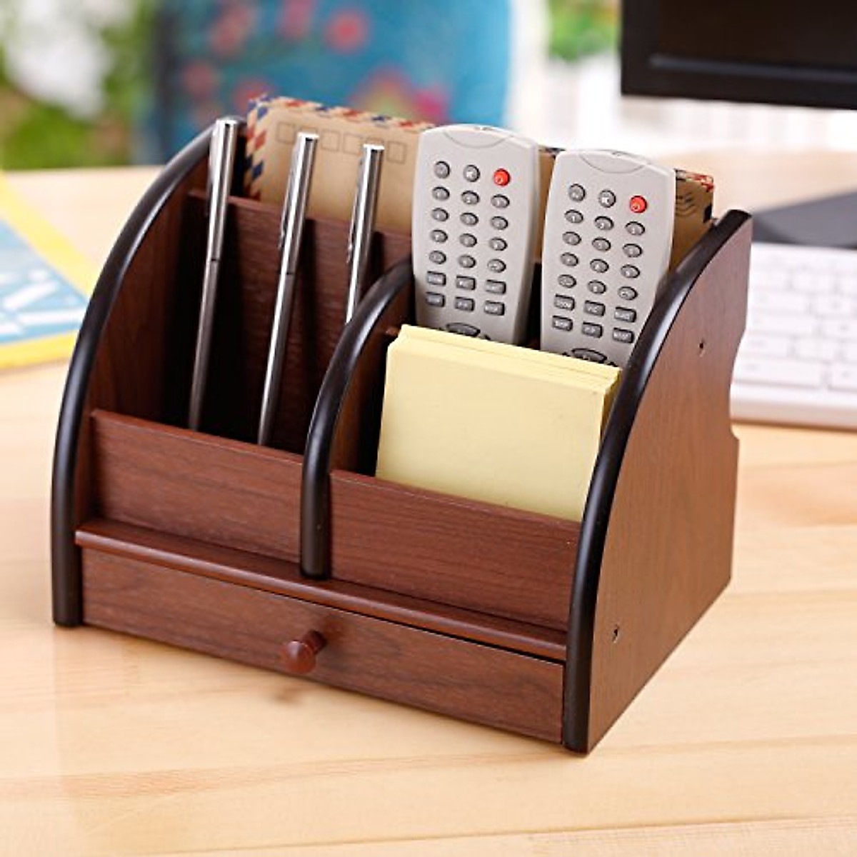 5-Compartment Luxury Black/Brown Wood Office Desktop Organizer with Large Storage Drawer