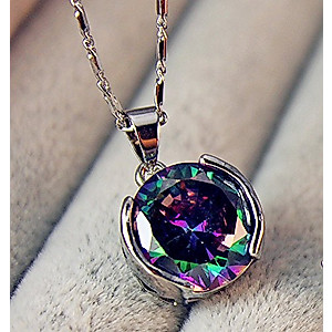 Phonphisai shop 18K White Gold Filled- 12MM Mystical Rainbow Topaz Round Pendant Women Necklace
