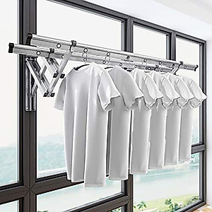 Laundry Rack, Airer-Wall Mounted Extendible Dryer Rack, Balcony Indoor Outdoor Clothes Pole Folding Retractable Airer Dryer Silver