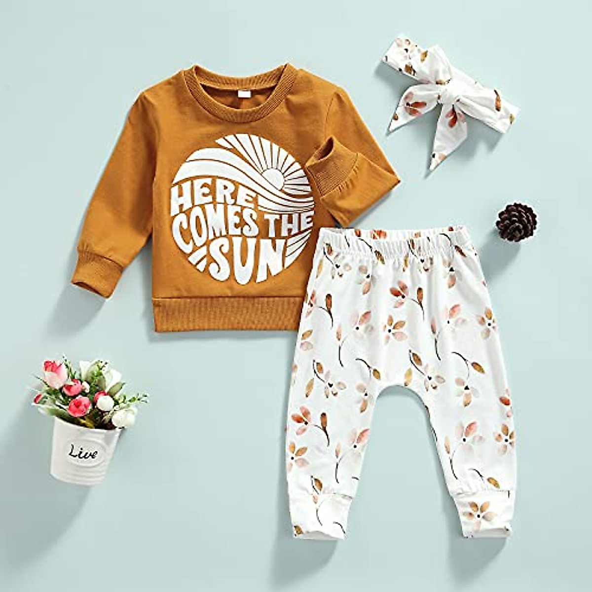 Baby Girl Clothes Set Fall 3 6 9 12 18 24 Months Long Sleeve Sweatshirt & Floral Print Pants & Headband Outfits (Light Brown , 6-12 Months )