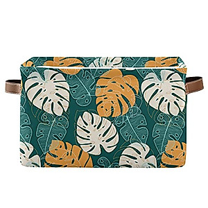 ALAZA Tropical Leaves and Bright Plants on Green Storage Basket for Shelves for Organizing Closet Shelf Nursery Toy, Fabric Collapsible Storage Organizer Bins Decorative Baskets with Handles Cubes