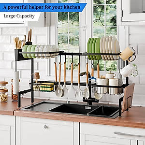 Fixwal Over The Sink Dish Drainer Drying Rack Large Dish Drying Rack 24.8"-35.5" Extendable Capacity Sink Rack with 4 Baskets, for Saving Space, Stainless Steel