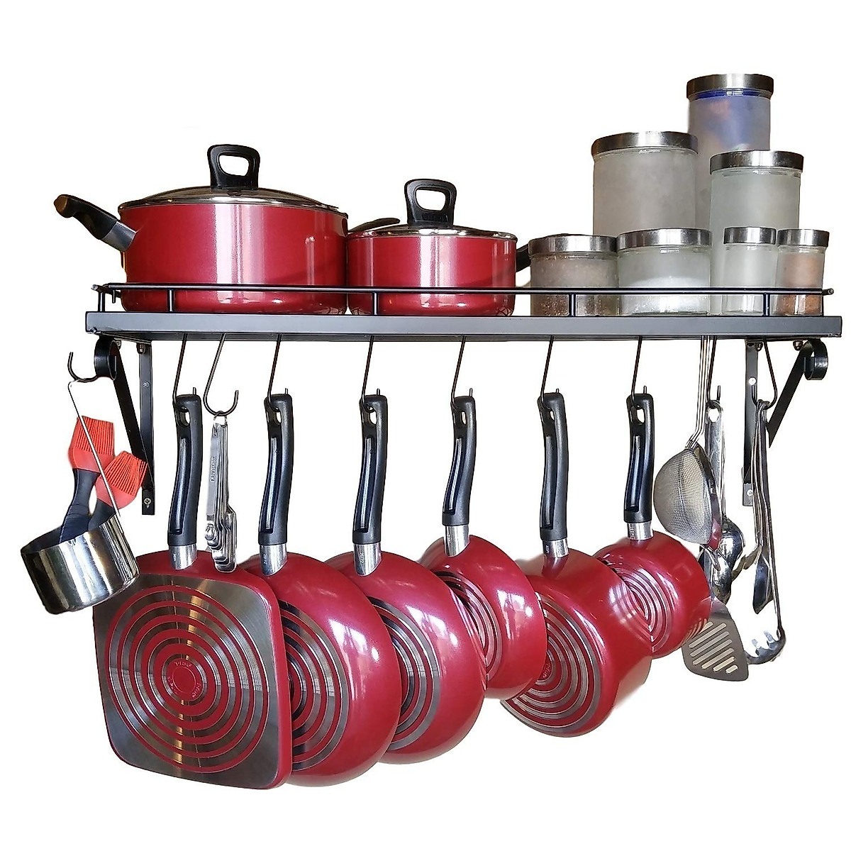 30" Wall mounted pots and pans rack. Pot holders wall shelves with 12 hooks. Kitchen shelves wall mounted with wall hooks. Kitchen storage pot holder pot rack. Pot pan organizer. Pot Pan rack.