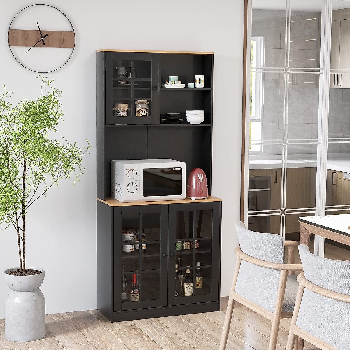 LOKO 72" Kitchen Hutch Storage Cabinet, Freestanding Pantry Buffet Cabinet with Glass Doors, Open & Closed Storage, 3-Position Adjustable Shelves, Tall Cupboard Storage Cabinet (Black)