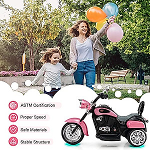 HONEY JOY Pink Kids Motorcycle,6V Battery Powered Toddler Chopper Motorbike Ride On Toy w/Horn & Headlight, Foot Pedal, Music, 3-Wheel Mini Electric Motorcycle for Kids, Gift for Boys Girls(Pink)