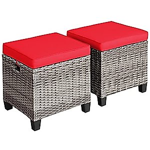 Tangkula 2 Pieces Patio Rattan Ottomans, Outdoor Wicker Footstool Footrest Seat with Soft Cushions and Steel Frame, All-Weather Patio Ottoman Set for Backyard Garden Poolside (Red)