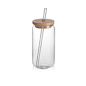 Drinking Glasses with Bamboo Lids and Glass Straw 4pcs Set - 16oz Can Shaped Glass Cups, Beer Glasses, Iced Coffee Glasses, Ideal for Cocktail, Whiskey, Gift - 2 Cleaning Brushes
