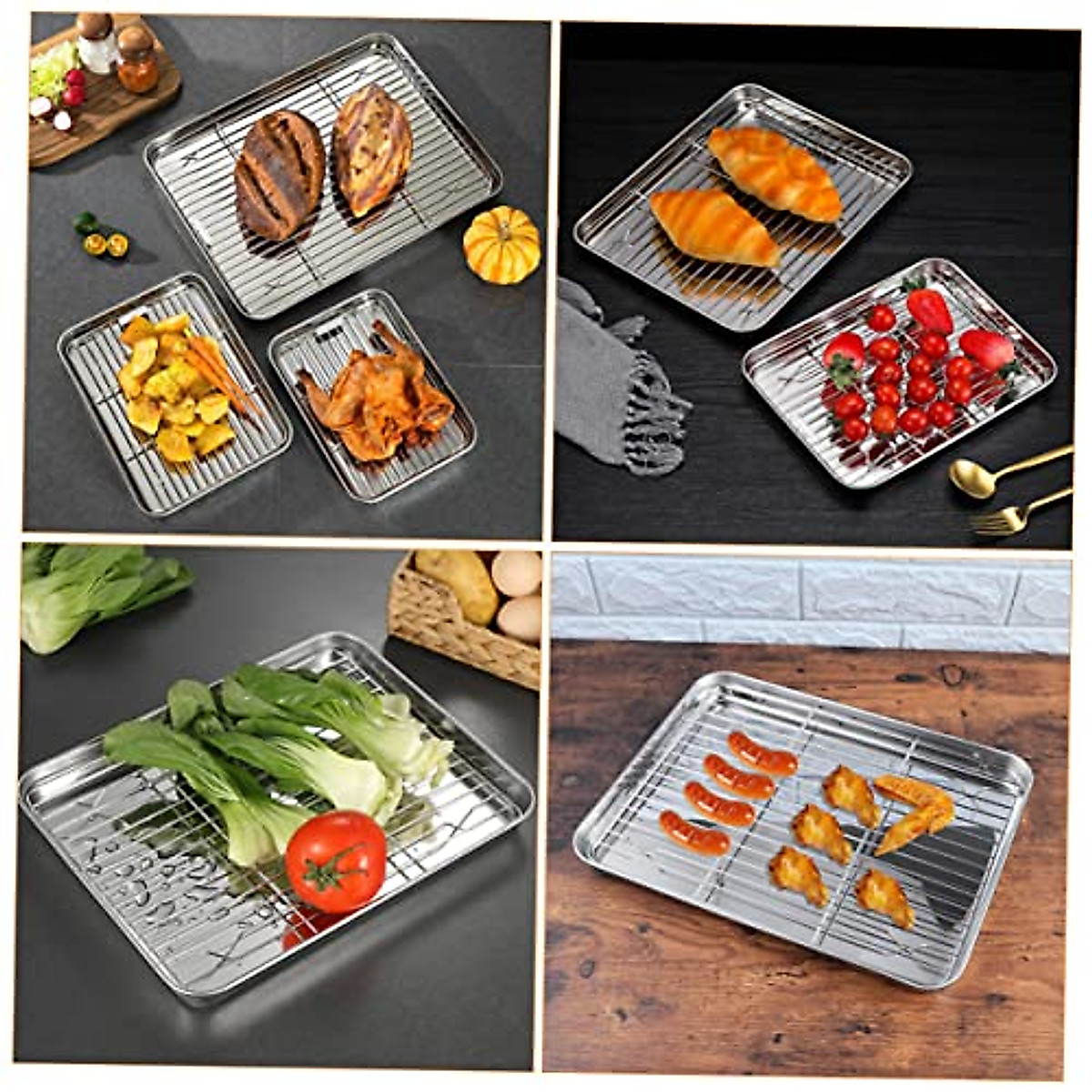 RORPOIR 2pcs Stainless Steel Drainer Bread Loaf Pan Toaster Oven Tray Roasting Pans for Ovens Baking Pan with Cooling Rack Cookie Sheets Wire Baking Mat Drain Dishes Baking Sheet Bakeware