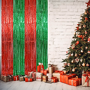 2 Pack 3.2ft x 9.8ft Christmas Metallic Foil Fringe Curtain, Red Green Tinsel Curtains Streamer Large Party Photo Booth Props Backdrops for Happy New Year Birthday Wall Door Indoor Outdoor Decorations