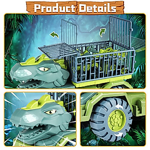 Dinosaur Carrier Truck Toys: burgkidz Kids Transport Playset with 4 Take-Apart Dino Cars & 3 Realistic Dinos Figures, Excavator Toy, Friction Powered Cars Toy Gifts for Kids Boys Girls 3 to 5 Years