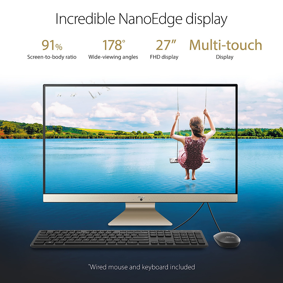 ASUS AiO 27” All-in-One Desktop Computer, AMD Ryan 7 5700U, 27” LED-Backlit Touchscreen Display with NanoEdge Bezel, 16GB DDR4 RAM, 512GB PCIe SSD, Wired Keyboard and Mouse, Black, Windows 11 Home