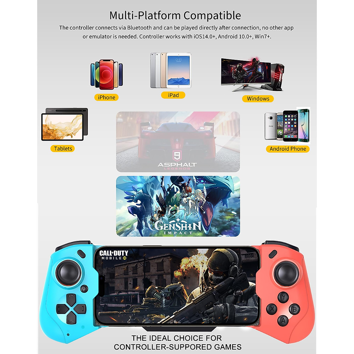 Joso Mobile Game Controller for iPhone, Android, PC, Steam, Direct Play, 15 Hours Playtime, Phone Controller Gamepad Joystick for iPhone 14 13 12 Pro Max, Galaxy S23 S22 Ultra, iPad, Tablet, MFi Games