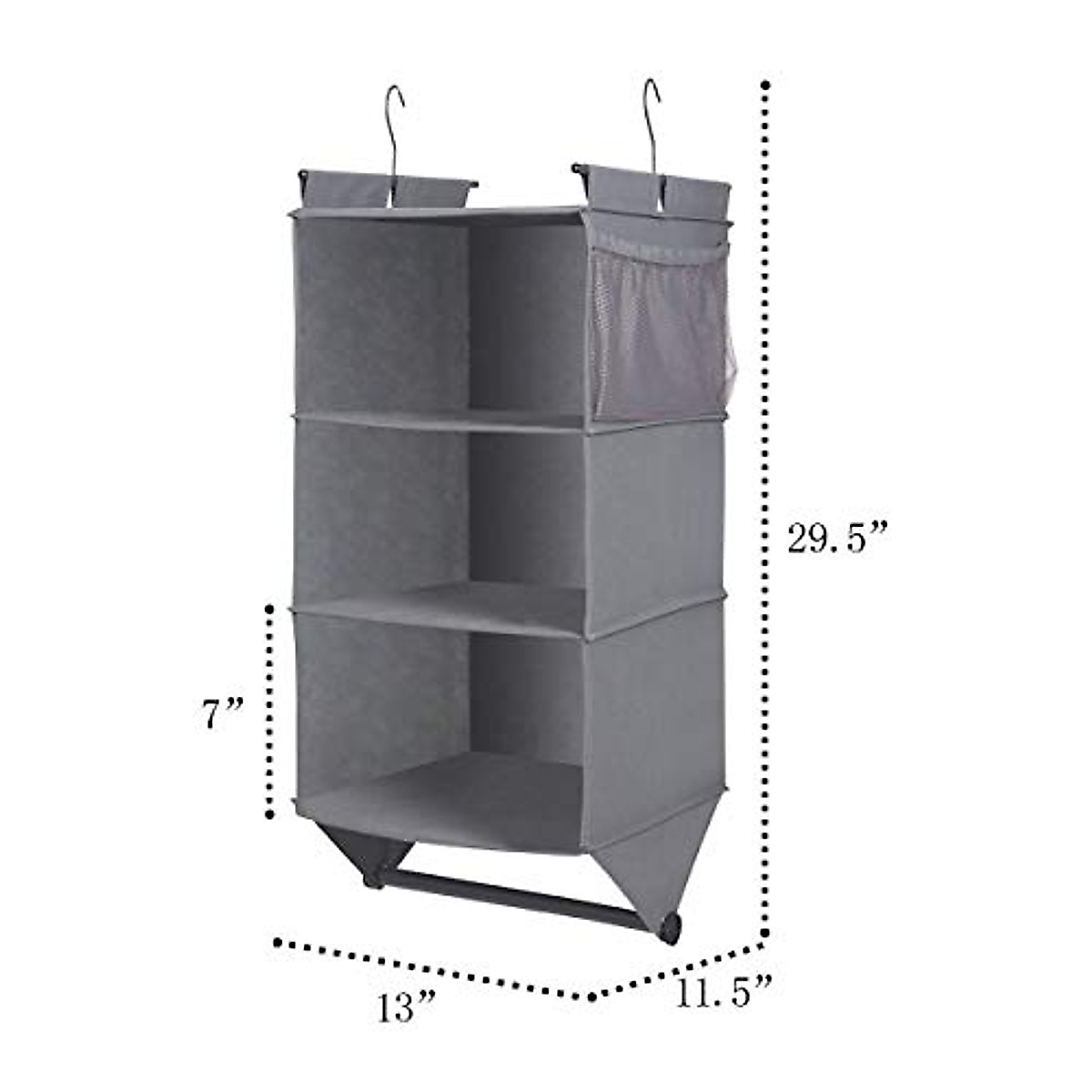 MAX Houser 3 Tier Shelf Hanging Closet Organizer with Garment Rod 2 Side Pockets, 3-Shelves Hanging Sweater Organizer (Grey)