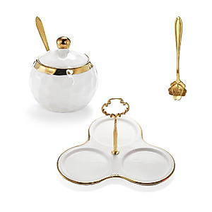 Foraineam Porcelain Condiment Pot Sugar Bowl Spice Jars with Lid, Spoon and Tray, Salt Container Spice Box Seasoning Pots, White Sugar Salt Bowls Set for Kitchen, Restaurant, Coffee Bar, Set of 3