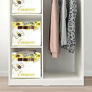 Deven Bee Sunflowers Yellow Personalized Large Storage Baskets for Organizing Shelves with Handle,Closet Decorative Storage Bins for Bathroom,Nursery,Home 1 Pack