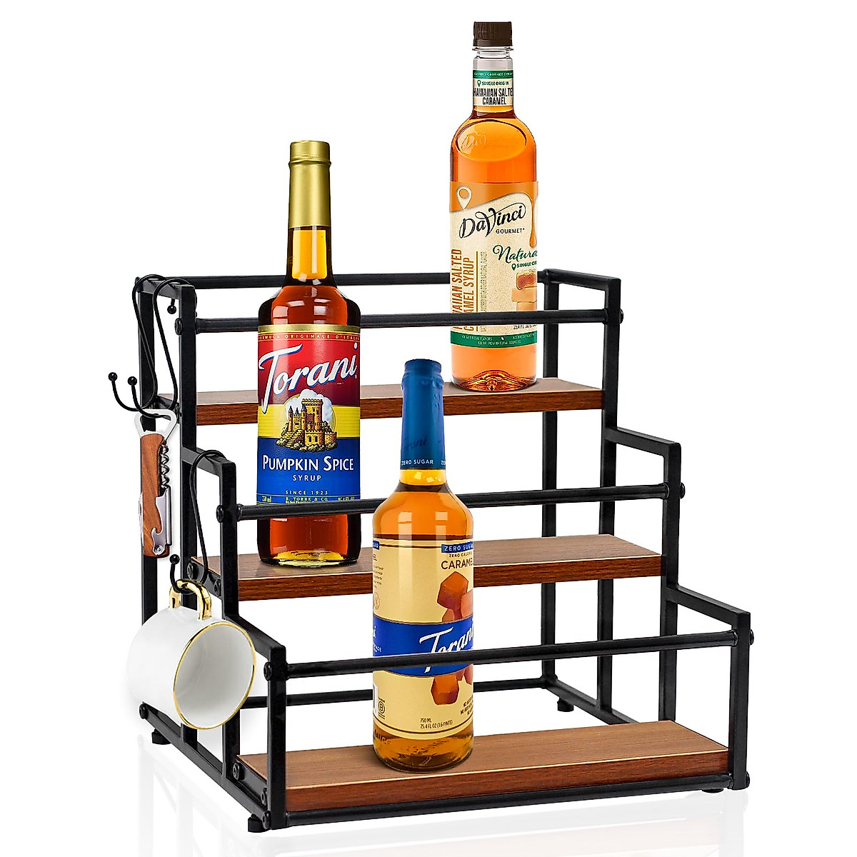 AIEWEV Coffee Syrup Rack Organizer with 3-Tier 12 Bottle Storage - Coffee Bar Holder Shelves with 3 Hooks - Liquor Cabinet Stand for Kitchen Coffee Station on Countertop