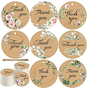 240 Pieces Thank You Gift Tags with String Round Floral Brown Tags Gift Tags Kraft Tags Wrap Hang Tags Paper for Wedding Baby Shower Birthday Party Favor