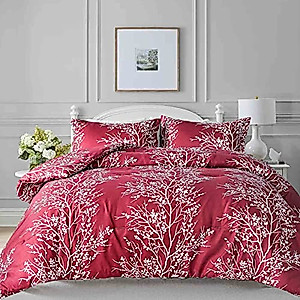 NANKO Burgundy Red Queen Duvet Cover Set White Floral Tree Branch Pattern Christmas 3pc Size 90x90 Microfiber Comforter Quilt Bedding Cover with Zip Ties - Modern Farmhouse for Men and Women Teen Girl