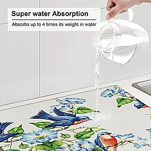 Happy Bluebirds Printed Drying Mat For Kitchen Ultra Absorbent Microfiber Dishes Drainer Mats Non-Slip Silicone Quick Dry Pad - 18 X 16inch