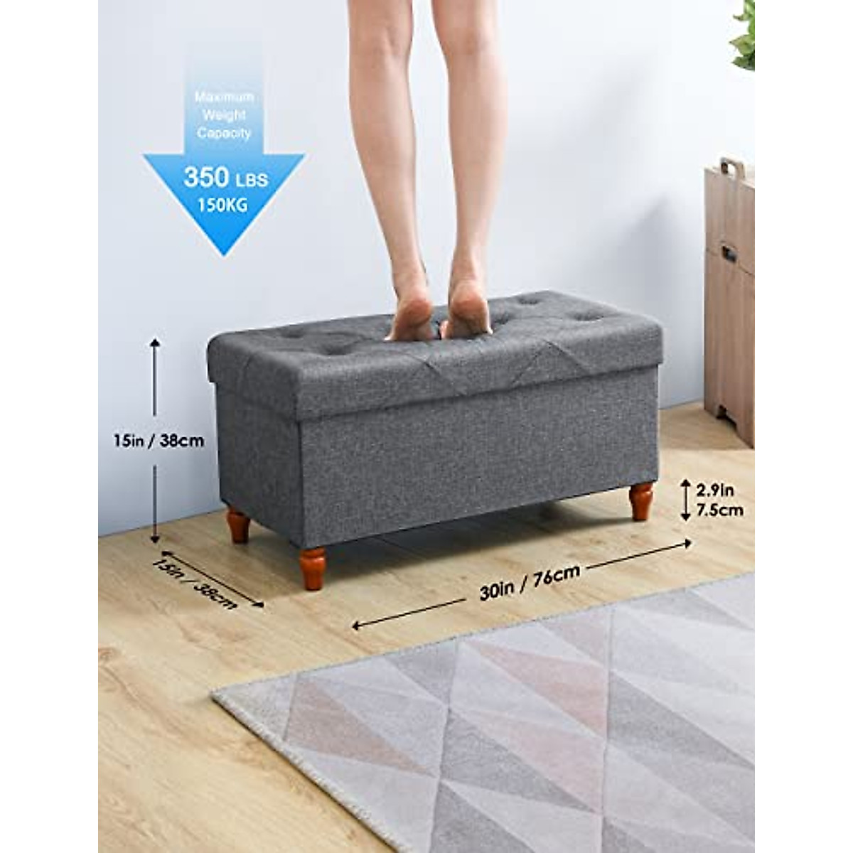 Nicehill Storage Ottoman with Wooden Legs, Nicehill Ottoman with Storage for Living Room, Folding Storage Ottoman Bench for Bedroom, Ottoman Foot Rest Stool, Linen Fabric Dark Grey 30" Ottoman