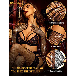 RSLOVE Women Lingerie Fishnet Gloves with Sparkle Rhinestone Mesh Long Gloves Black