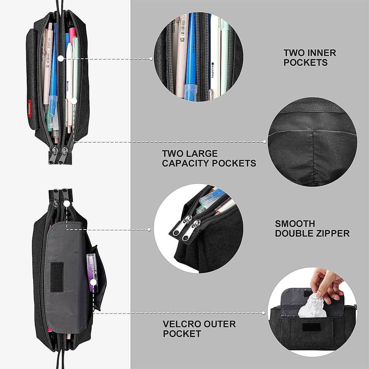 Pencil Case with Two Large Compartment Pockets Large Capacity Pencil Pouch Pencil Pouch Cosmetic Bag School Supplies Office Stationery Storage Gift for Students Girls Boys Adults Teenagers-Black