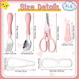 Jingmore 3 Pieces Toddler Utensils with Case 1 Pcs Toddler Fork and Spoon 1 Pcs Baby Food Scissor with Safety Lock Stainless Steel Baby Silverware Set Toddler Travel Essential for Safe Dining (Pink)