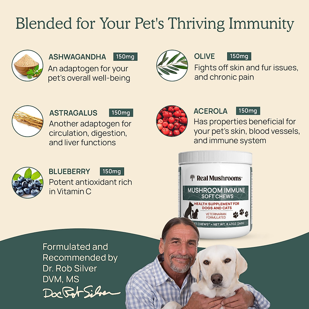 Mushroom Immune Support Pet Chews (60ct) Treats for Dogs – Immune Booster Supplements for Pets with Ashwagandha, Astragalus, Blueberry, Olive Leaf, Acerola &Gut Health for Dogs and Cats