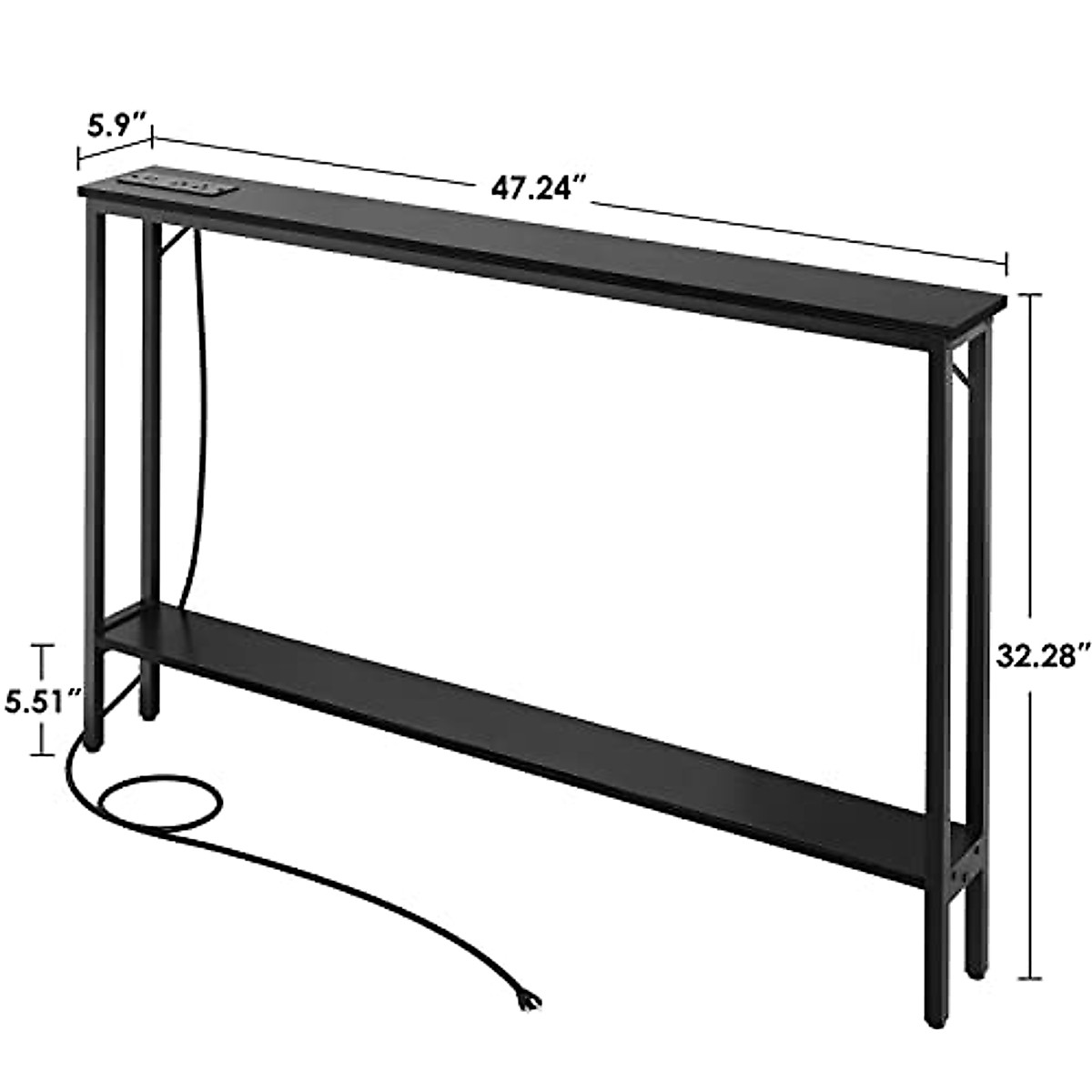SAUCE ZHAN Sofa Table with Outlet and USB Port, 47" Console Table Behind Couch Table with Steel Frame, Narrow Entryway Table for Sofa, Living Room, Foyer, Hallway, Entry, Black