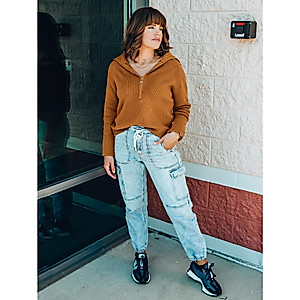 BTFBM Women’s Casual Long Sleeve Half Zip Pullover Sweaters Solid V Neck Collar Ribbed Knitted Loose Slouchy Jumper Tops(Solid Khaki, Medium)