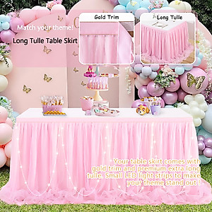 6ft Pink Tulle Table Skirt for Rectangle Tables or Round Tables with LED Lights Baby Shower Tablecloth Tutu Table Skirts for Princess Girl Birthday Party Cake Dessert Table Decorations