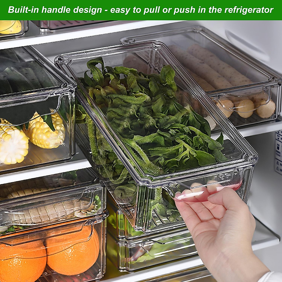 Taiuloo Set of 4 Fridge Organizer, Stackable Refrigerator Organizer Bins with Lids, Kitchen Pantry Cabinet Organization, BPA-Free Clear Food Storage Containers for Fruit, Vegetable, Cereal, Produce