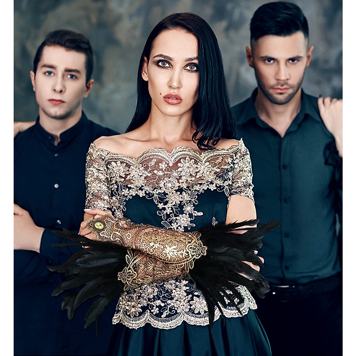 L'VOW 2Pcs Gothic Black Lace Feather Long Gloves for Women Halloween Witch Costume Swan Wristband Cuff