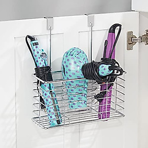 mDesign Steel Over Cabinet/Door Hair Dryer Holder Storage, Hair Styling Tool Organizer Basket for Bathroom - Hair Blow Dryer, Flat Iron, Curling Wand, Hair Straightener - Linelle Collection - Chrome