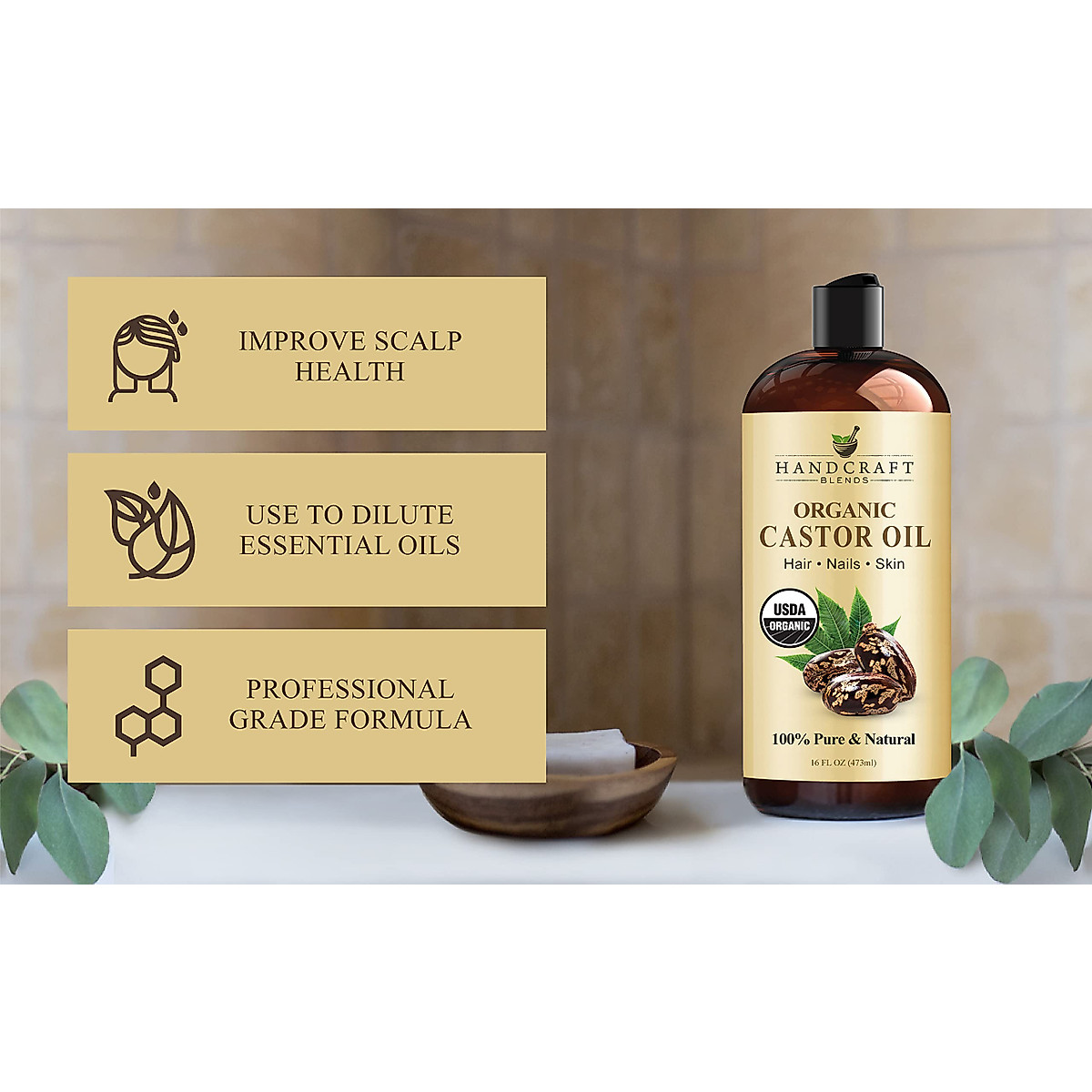 Handcraft Blends Organic Castor Oil - 16 Fl Oz - 100% Pure and Natural - Premium Grade Oil for Hair Growth, Eyelashes and Eyebrows - Carrier Oil - Hair and Body Oil - Expeller-Pressed and Hexane-Free