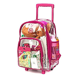 iHim Rolling Clear Backpack Heavy Duty Bookbag Quality See Through Workbag Travel Daypack Transparent School Book Bags with Wheels Hot Pink