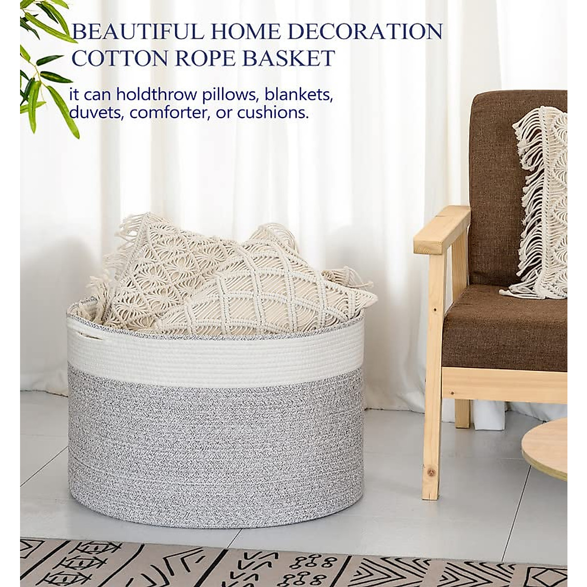 Large Cotton Rope Basket, Blanket Basket 22" x 22" x 14" Woven Cotton Rope Basket Toy Basket Soft Storage Basket White & Navy Blue