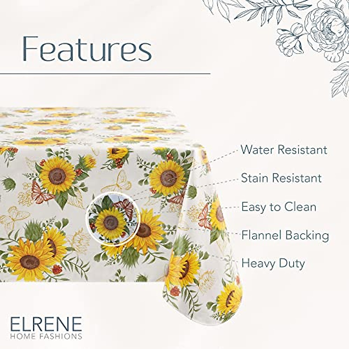 Elrene Home Fashions Sunflower Season Vintage Floral Water- and Stain-Resistant Vinyl Tablecloth with Flannel Backing, 52 Inches X 70 Inches, Rectangle