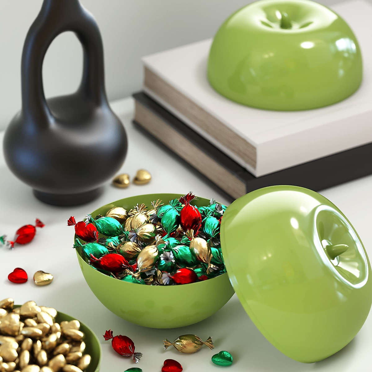 4 Pack Green Apple Plastic Containers With Lids-Apple Shaped Food Storage Containers-Snack Containers-Teacher Gift-Candy Jar-Containers for Parties Wedding Decorations-Ornament Storage Box