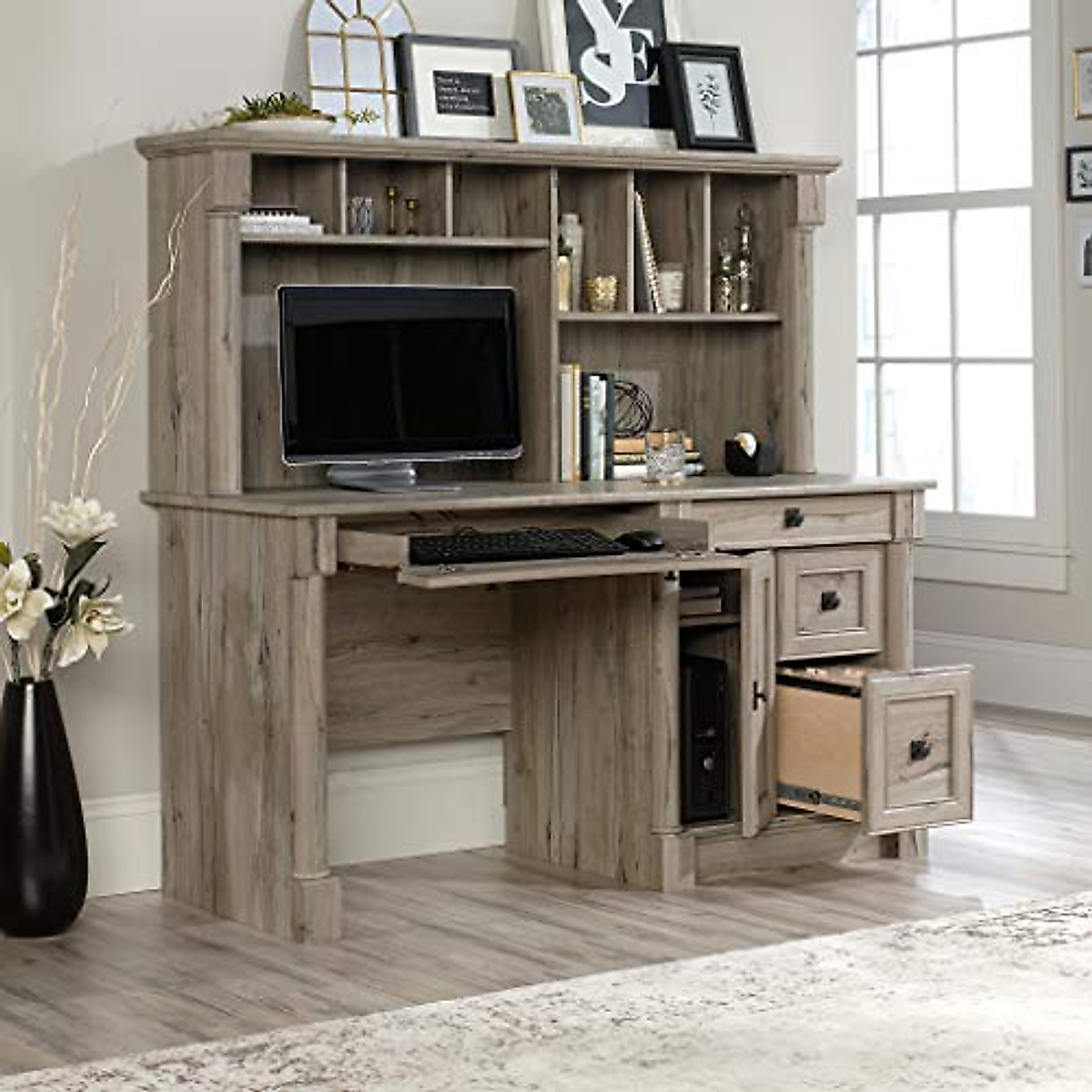 Sauder Palladia Desk with Hutch, L: 59.488" x W: 23.543" x H: 56.496", Split Oak Finish