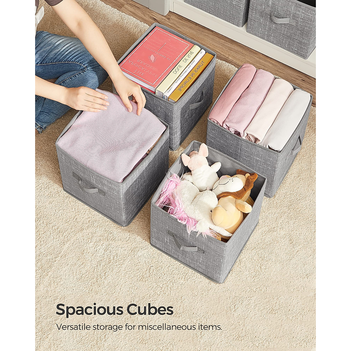 SONGMICS Storage Cubes, 11-Inch Non-Woven Fabric Bins with Double Handles, Set of 6, Closet Organizers for Shelves, Foldable, for Clothes, Gray UROB26LG