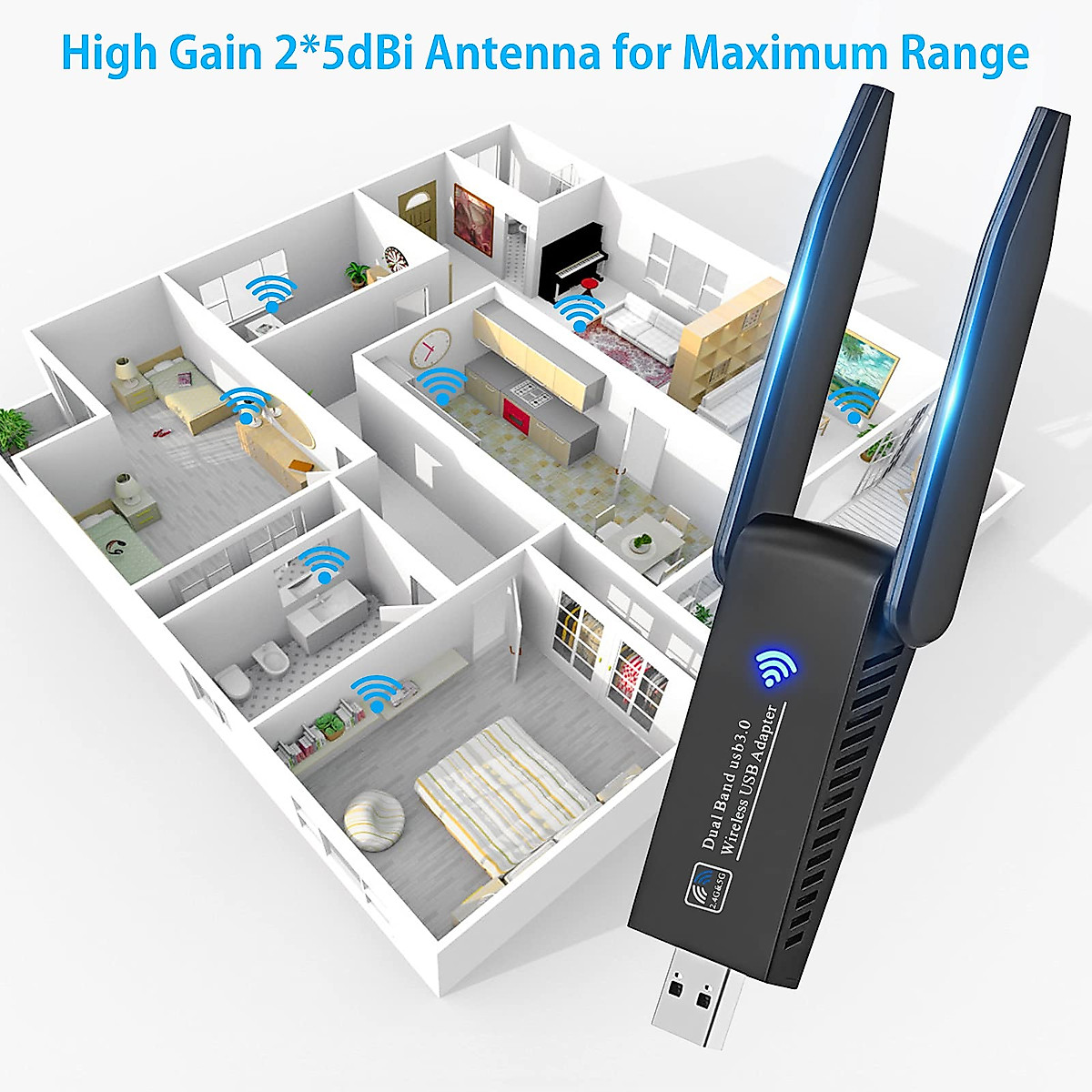 USB WiFi Adapter, Aigital 1300Mbps Dual Band Wi-Fi Dongle, USB 3.0 MU-MIMO Wireless Network Adapter with Antennas for Desktop PC Laptop, Compatible with Windows 11/10/8/7/Vista/XP & Mac OS X 10~11